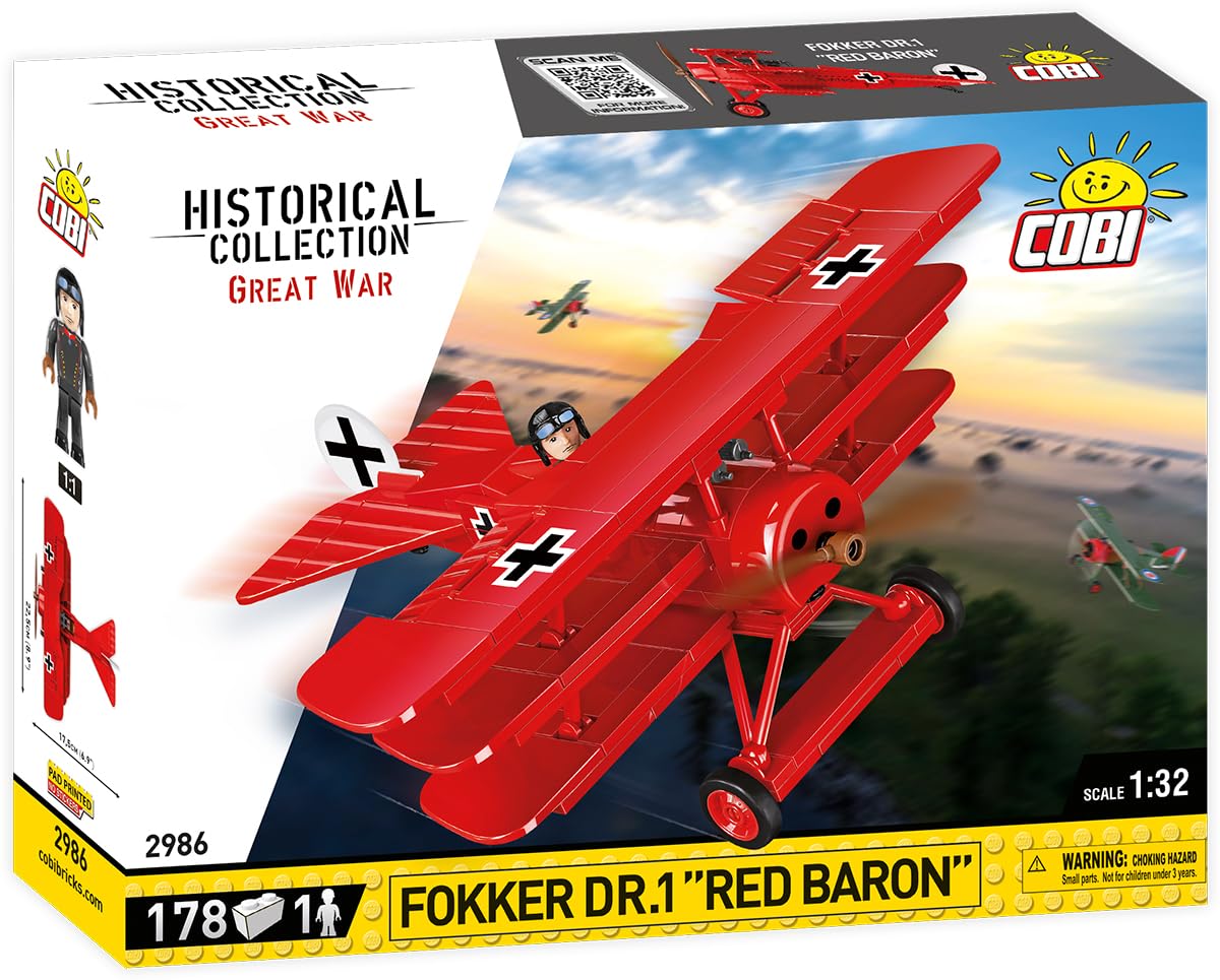 COBI Historical Collection: The Great War Fokker DR.1 Red Baron Plane,7+ years,178 pcs