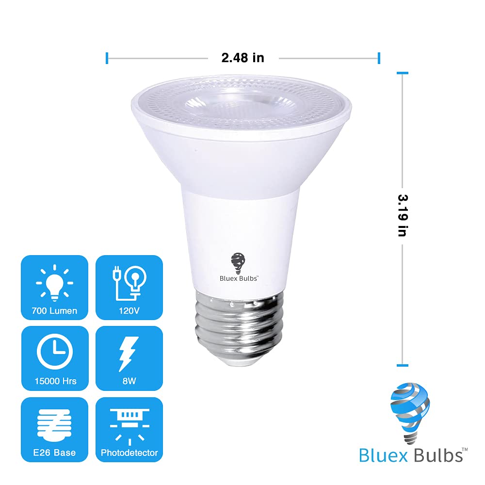 4 Pack PAR20 LED Flood Dusk to Dawn Light Bulbs Outdoor Photocell Sensor 8W 65 Watt Equivalent 700Lumens Waterproof E26 5000K Cool White Super Bright Auto On/Off Security Spotlight Indoor/Outdoor