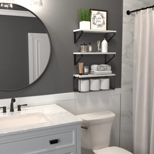 DOLLFIO Floating Shelves for Bathroom with Basket, Wooden Wall Shelves, Floating Shelves for Wall Décor, Wall Mounted Floating Shelf for Bathroom, Floating Shelf for Wall, Bedroom, Living Room–White