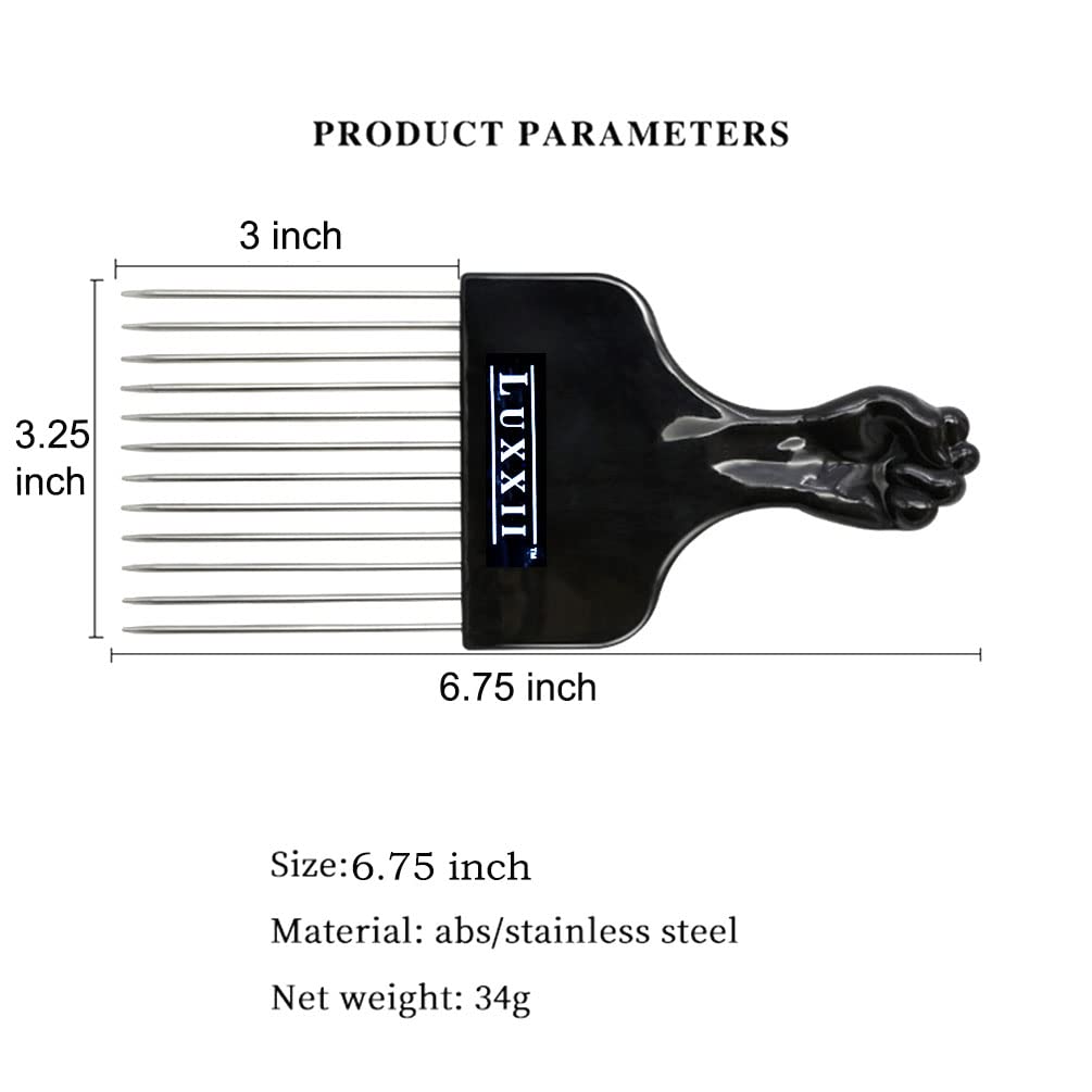 LUXXII (2 Pack) 6.75" Black Fist Metal Afro Pick Lift Hair Comb Detangle Wig Braid Hair Man Styling Comb