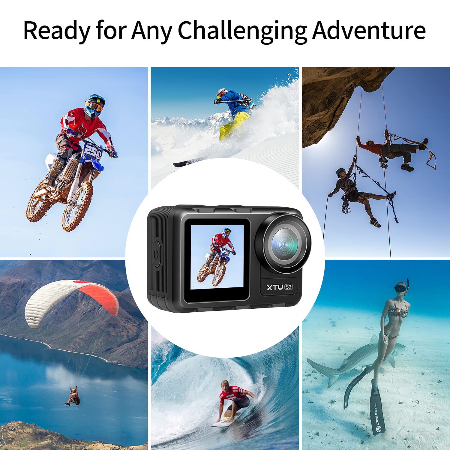 4K30FPS WiFi Action Camera Waterproof Camera, XTU 20MP Sports Camera with Dual Touch Screen Display, Vlog Camera EIS Remote Control 131 Feet Underwater 166° Wide Angle …