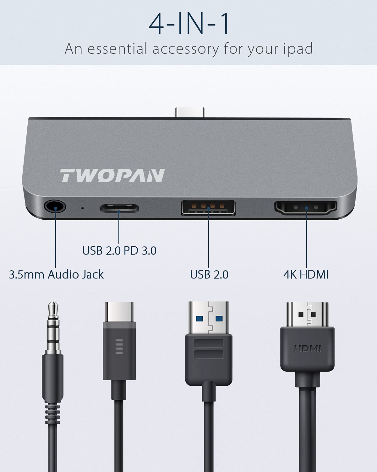 TWOPAN 4-in-1 iPad Pro USB C Hub HDMI, 4 Port USB 3.0 Hub Splitter with USB C PD 3.0 Charging, 4K HDMI, 3.5mm Audio Jack, for iMac 24 inch 2021, iPad Pro 12.9, MacBook Pro 14"/16" M2 Pro/Max