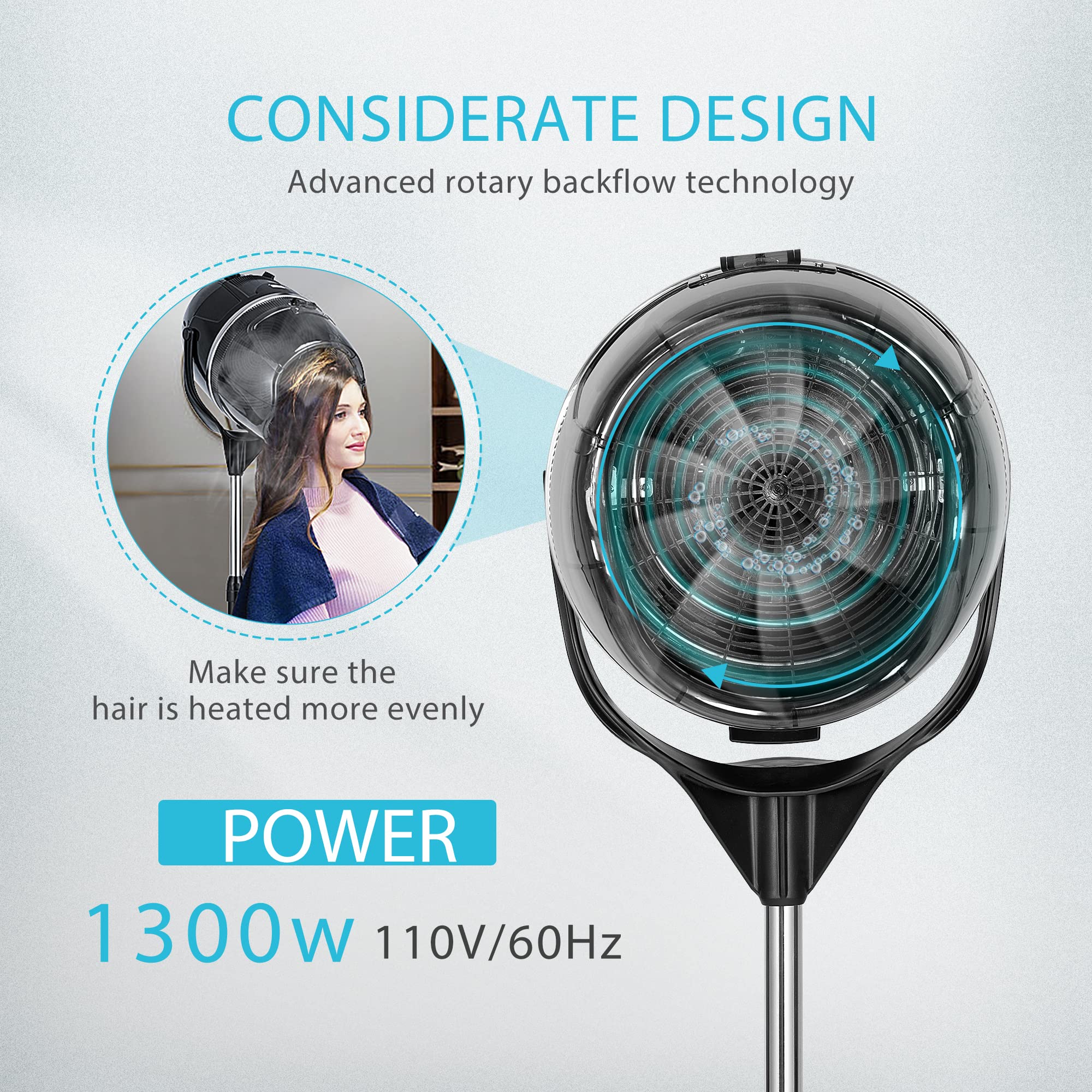 VIVOHOME 1300W Professional Height Adjustable Stand Up Bonnet Hair Dryer Hooded Floor Stand Rolling Base with Wheels for Salon Equipment Beauty Spa Home