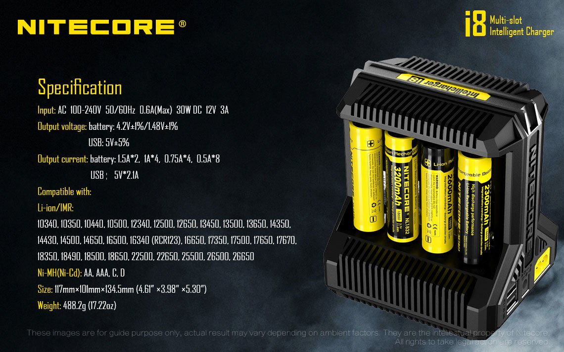 EdisonBright NITECORE i8 Eight Bays Smart Battery Charger for Li-ion/IMR/Ni-MH/Ni-Cd 26650 22650 18650 18490 18350 16340 RCR123 14500 AA AAA AAAA C D USB BBX3 Battery Carry case
