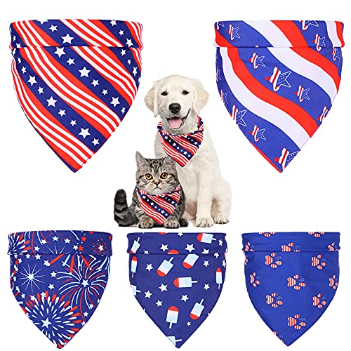 Yunison 5 Packs 4th of July Dog Bandanas Reversible Scarfts American Flag Independence Day Fireworks Pet Scarfs, Cat Bandanas for Small Medium Large Pets