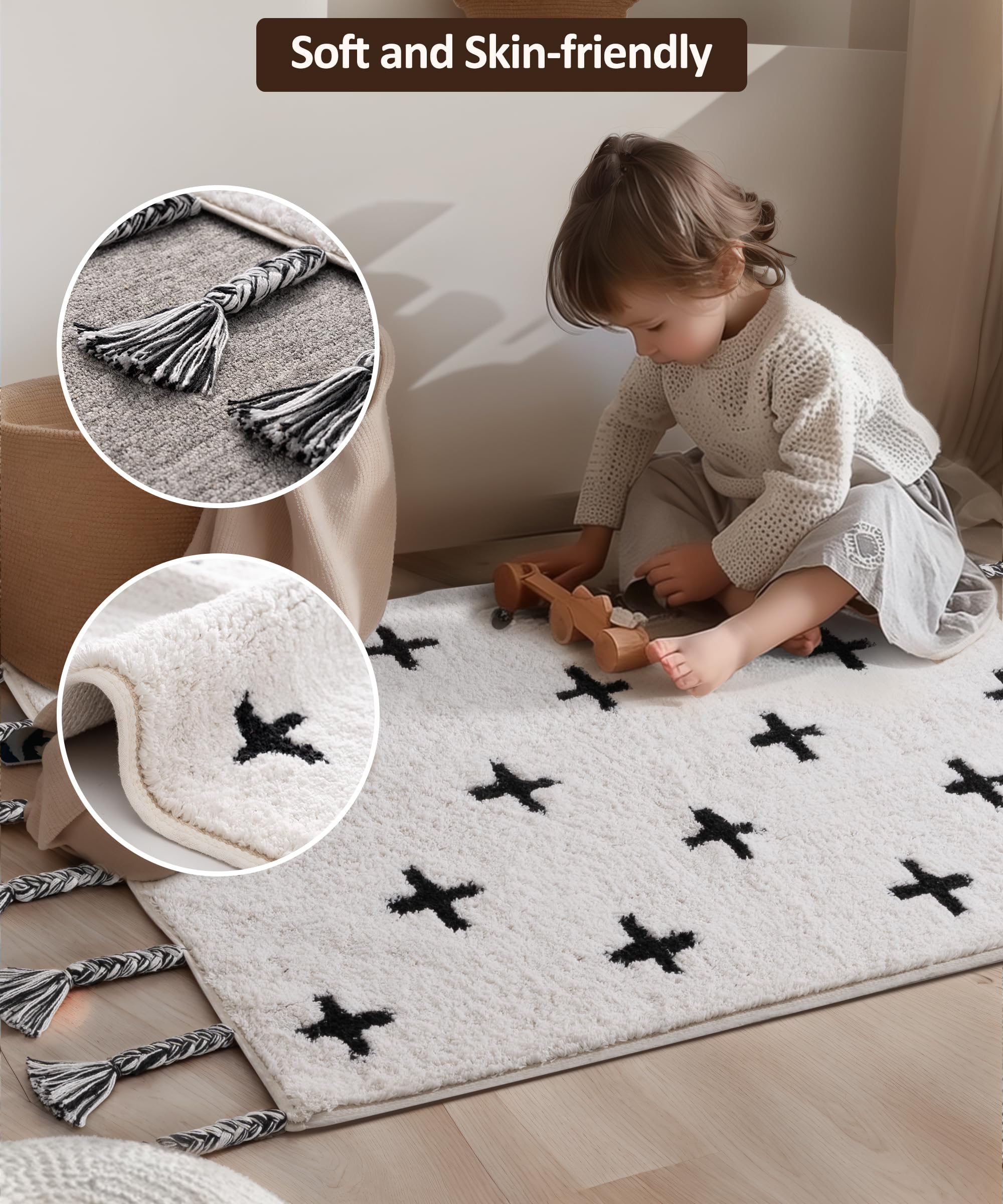 SUMGAR 2x3 Entryway Rugs Washable Small Rug Black White Boho Bath Mat Modern Cute Rugs for Bedroom Living Room Bathroom Patio Rug Carpet Cotton