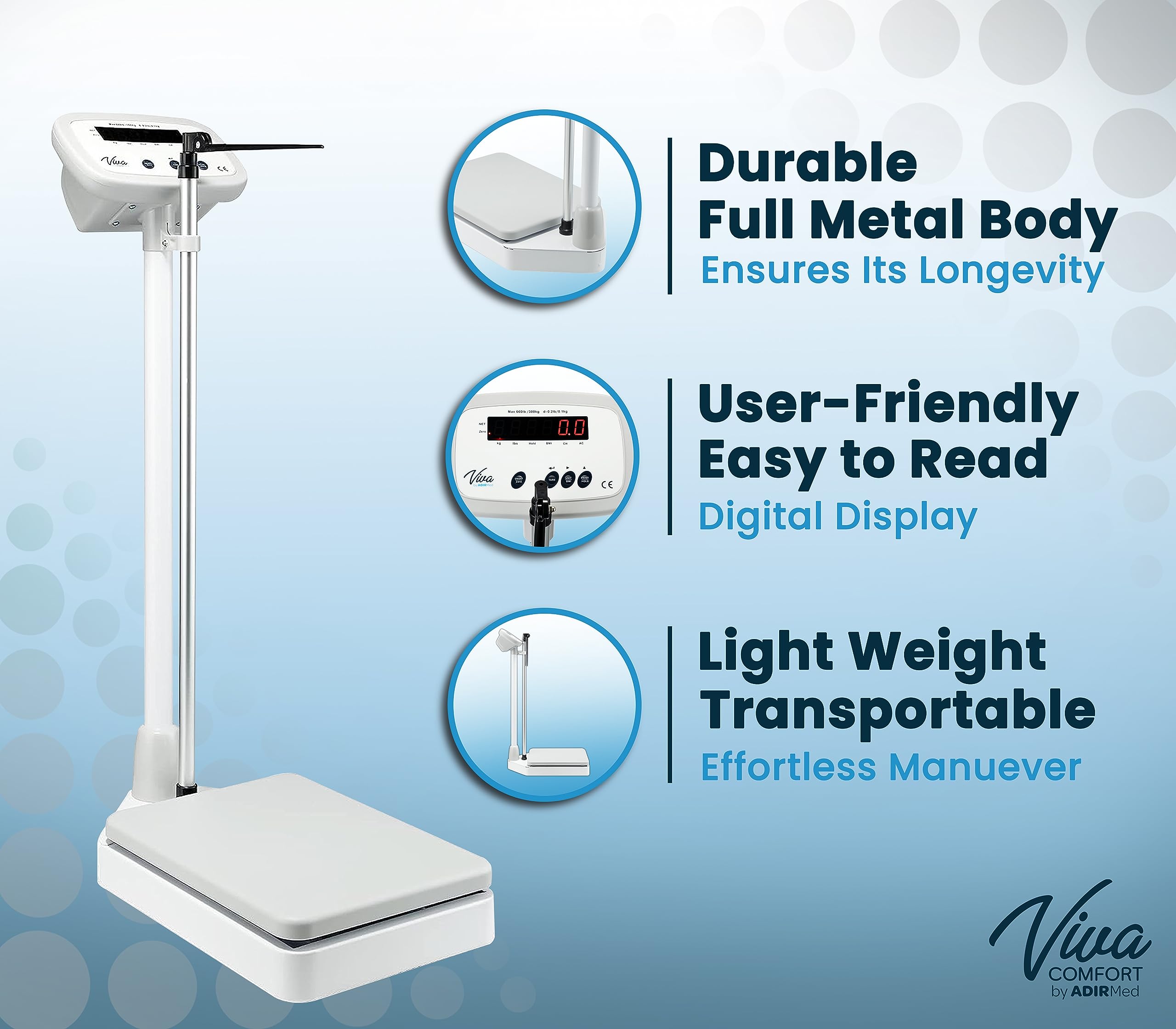 AdirMed Digital Physician Scale with Mechanical Height Rod - Eye-Level Measuring Station for Body Weight, Height & BMI - Ideal for Gyms, Medical Facilities & Rehabilitation Centers