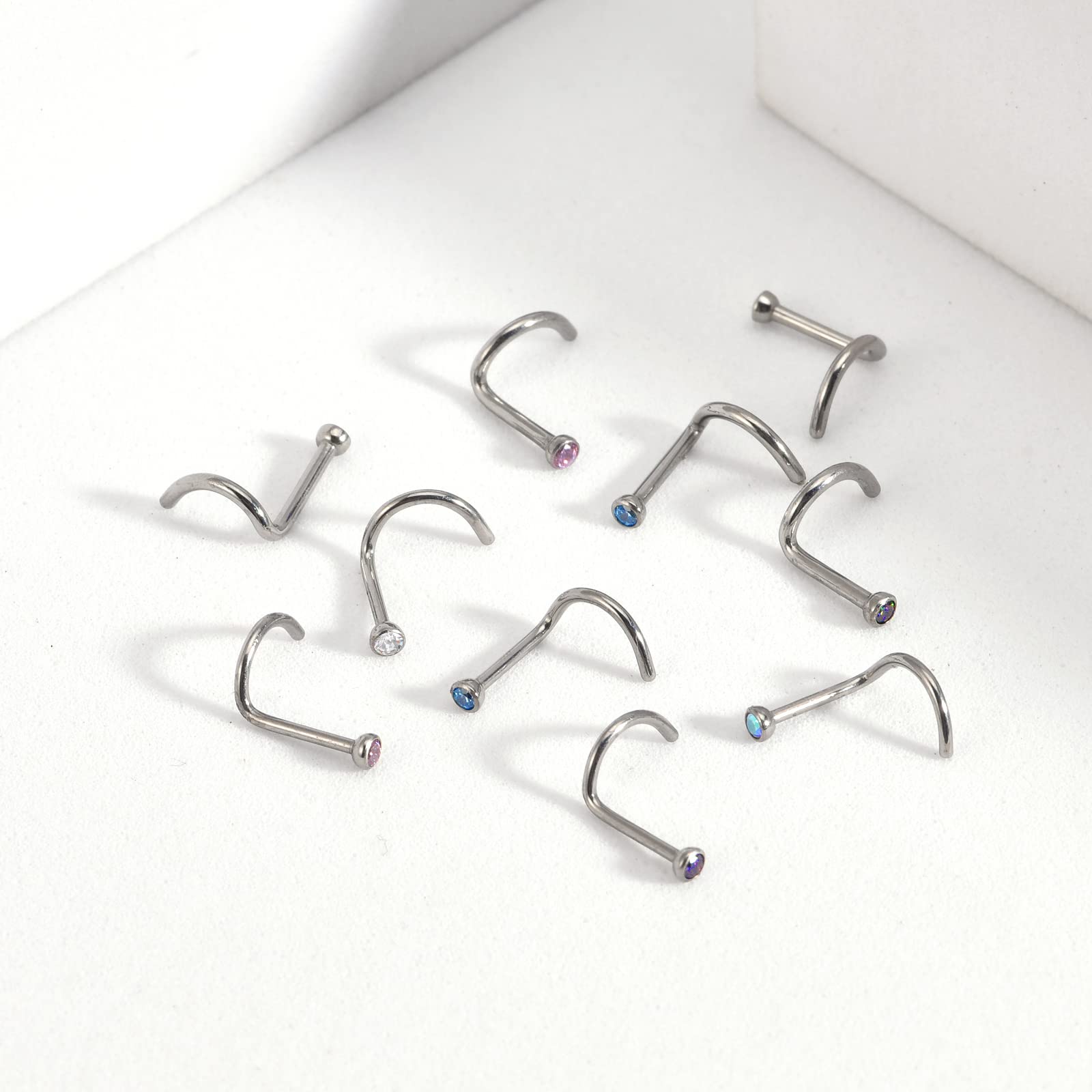 5pcs 18G 20G Small Twist Screw Shaped Titanium Nose Screw Studs 2mm Clear CZ Nose Ring for Women and Men | White/AQ/Pink/AB/VM Cubic Zircon Nose Piercing