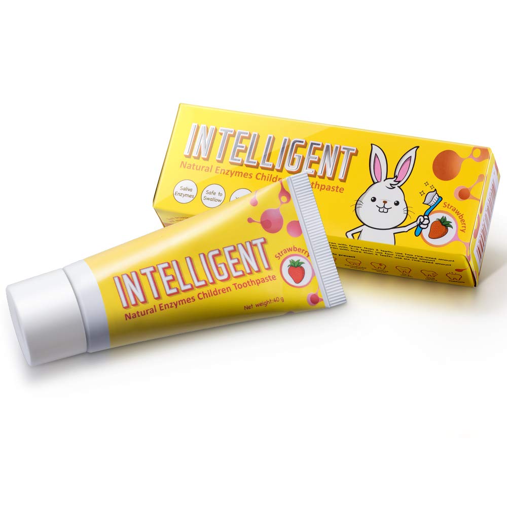 INTELLIGENT Enzymatic Kids Toothpaste – White Healthy Teeth for Baby and Toddler, Natural Non-Foaming Infant Tooth Paste, Sulfate-Free, Fluoride-Free, Mint-Free (Strawberry - 2 pcs x 1.37 Ounce)
