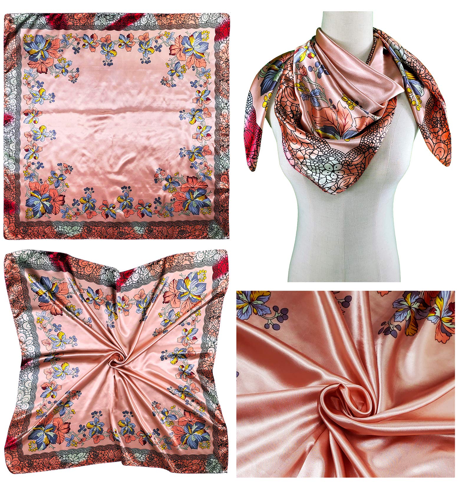 4 Pc Set Large 35 x 35 inches Satin Square Scarves Neck Hair Head Scarf Bundle (Set A)