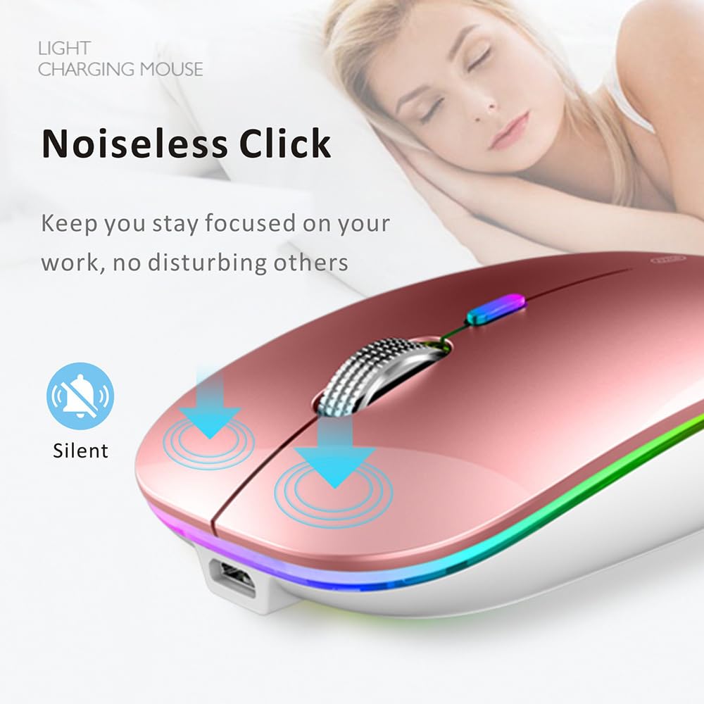 Uiosmuph LED Wireless Mouse, G12 Slim Rechargeable Silent 2.4G Portable Optical Wireless Computer Mice with USB Receiver and Type C Adapter (Rose Gold)
