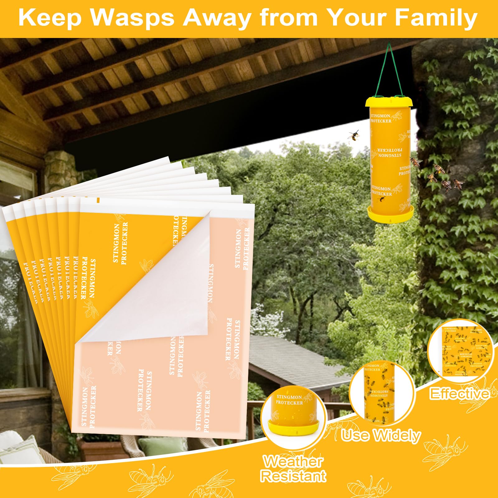 4 Pack Sticky Wasp Traps Outdoor Hanging, Carpenter Bee Traps for Outside, Yellow Jacket Traps Hornet Trap Bee Catcher Killer