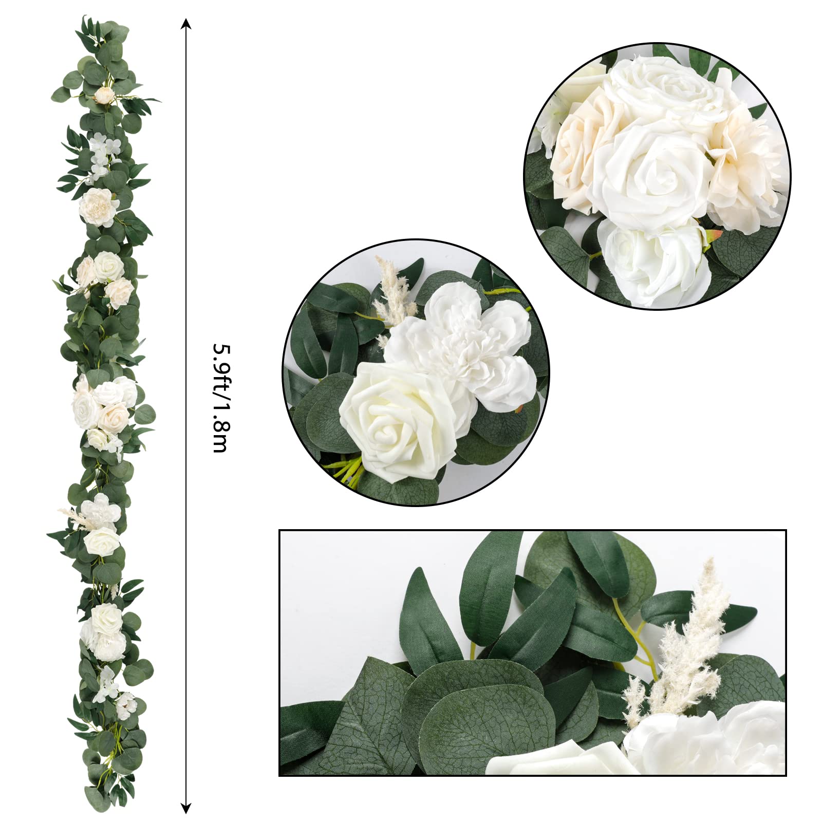 COCOBOO 5.9ft Eucalyptus Garland with Rose Flower Wedding Arch Flowers White Flower Garland for Wedding Arch Party Garden Decor (Champagne&White)