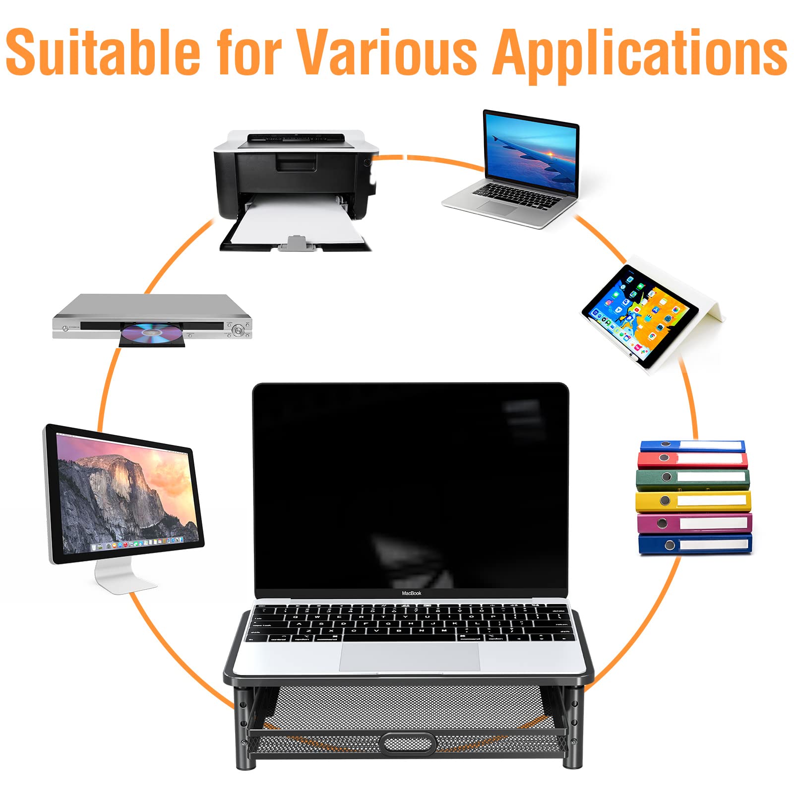 ELIVED Monitor Stand Riser, Metal Desk Laptop Stand with Organizer Drawer, Desktop Organizer for Computer, Laptop, Printer, Black