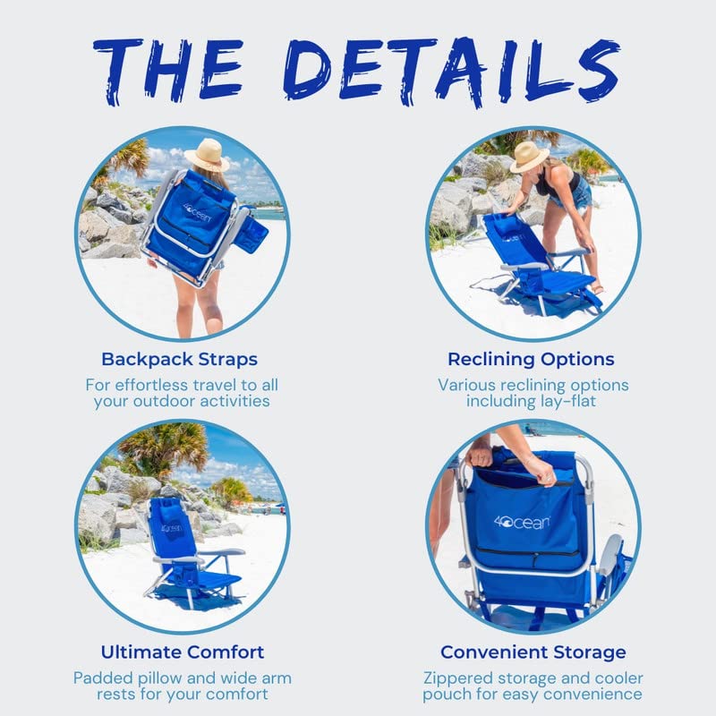 4Ocean Lay Flat Backpack Beach Chair | 250 lb Capacity | Foldable and Transportable | Rust-Proof Aluminum Frame | Reclining Positions | Cup and Cell Phone Holder | Cooler Pouch