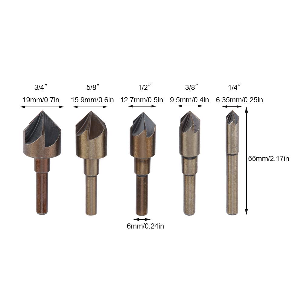 5pcs Countersink Drill Bits Set Five-Edge Chamfering Deburring Tool 1/4" 3/8" 1/2" 5/8" 3/4"