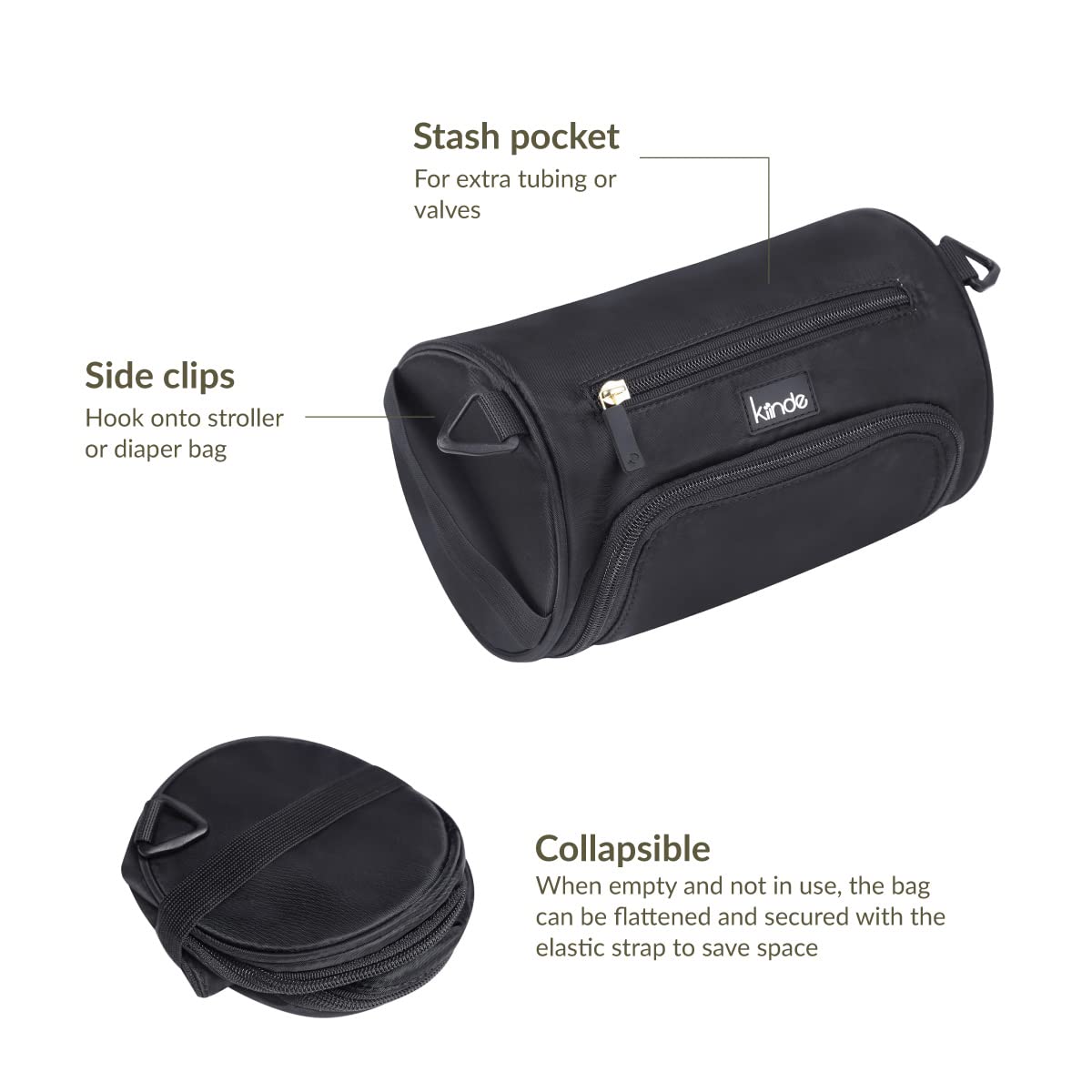 Kiinde Ariya Wet/Dry Bag for Storing Breast Pump Parts with Fold-out Mat, Keeps Pump Parts Clean, Black with Grey Waterproof Interior, Collapses Flat When Empty, Machine Washable