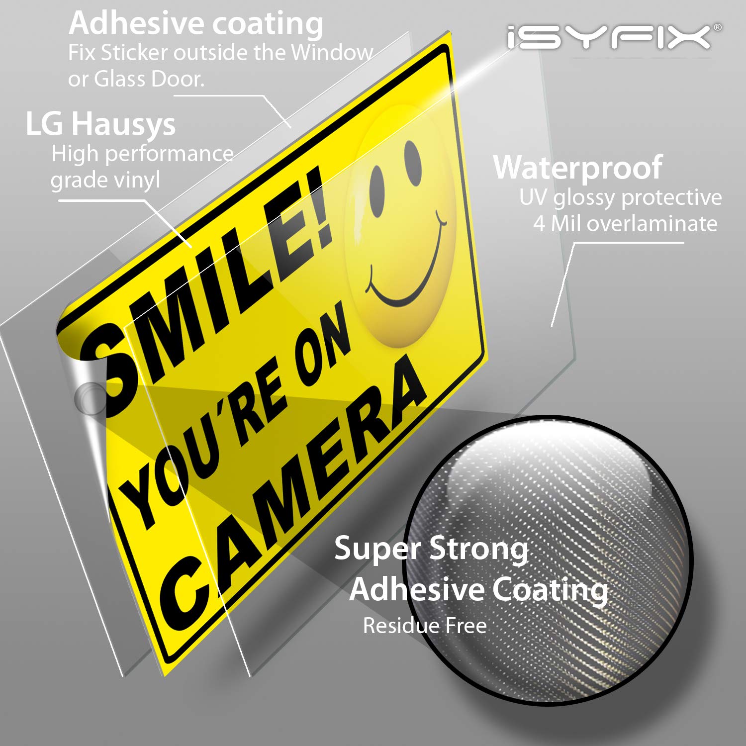 iSYFIX Smile You're on Camera Stickers for Business β 6 Pack 4x2 Inch β Self-Adhesive Vinyl Decal, Laminated for Ultimate UV Protection, Fade Resistance, Security Camera Sign for Home, Business, CCTV