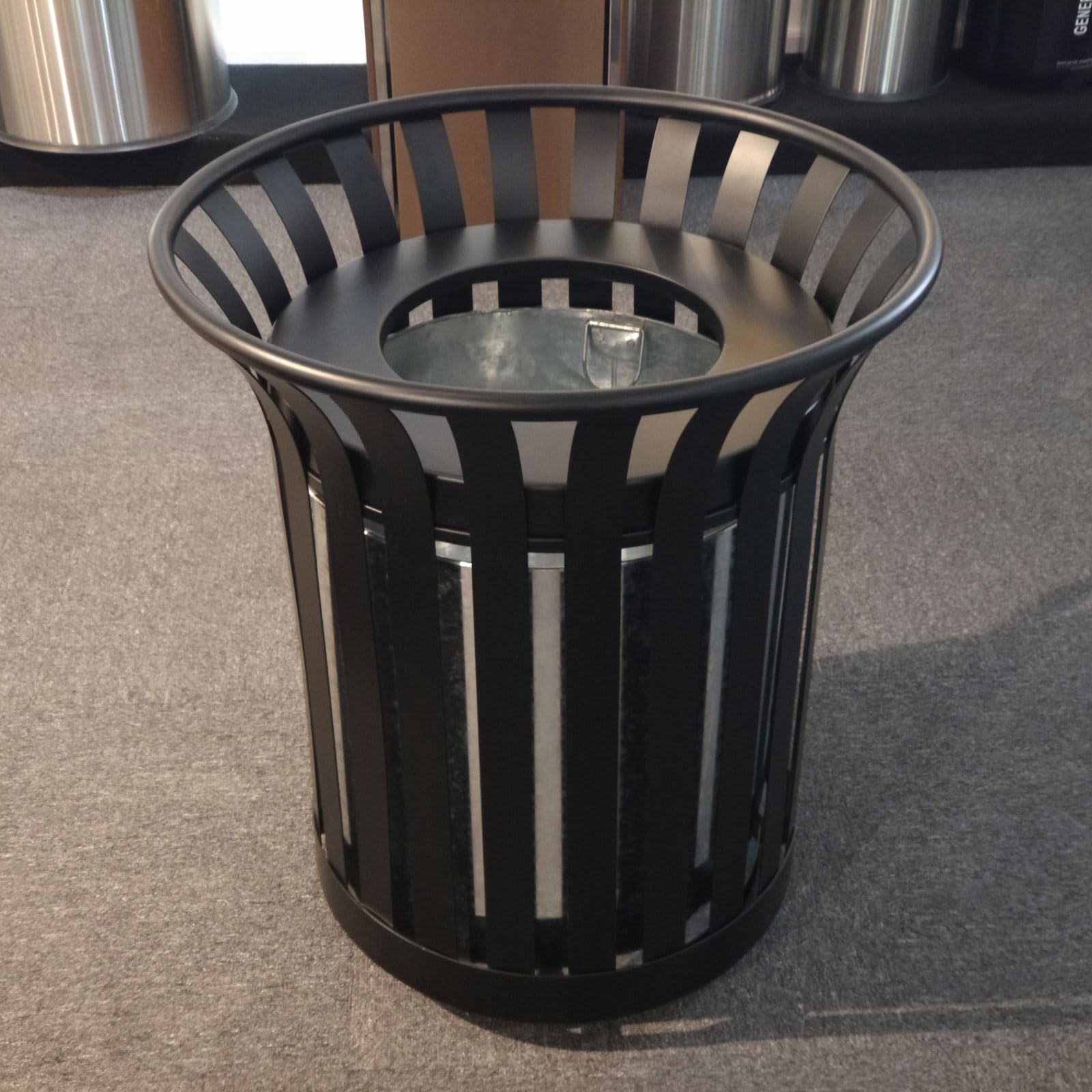 Anxeit Outdoor Metal Slatted Trash Receptacle,Waste Receptacle,Commercial Trash Cans,Zone Round Garbage Bin,Square Hotel Street Patio Indoor Metal Stan (Large - Black)