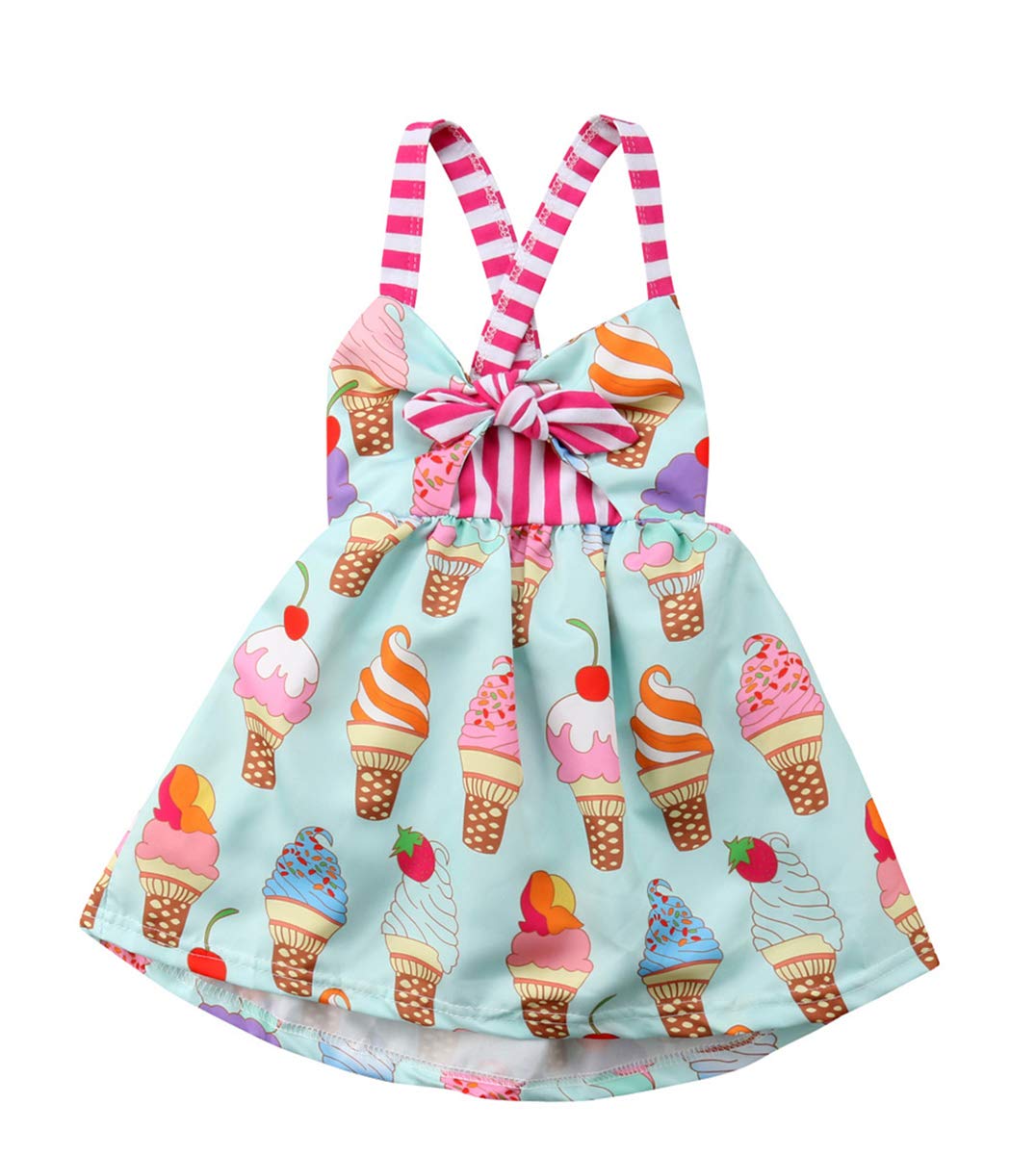 YOUNGER TREE Toddler Baby Girls Summer Skirt Ice Cream Print Sleeveless Strap Backless Dress (Green, 3-4 T)