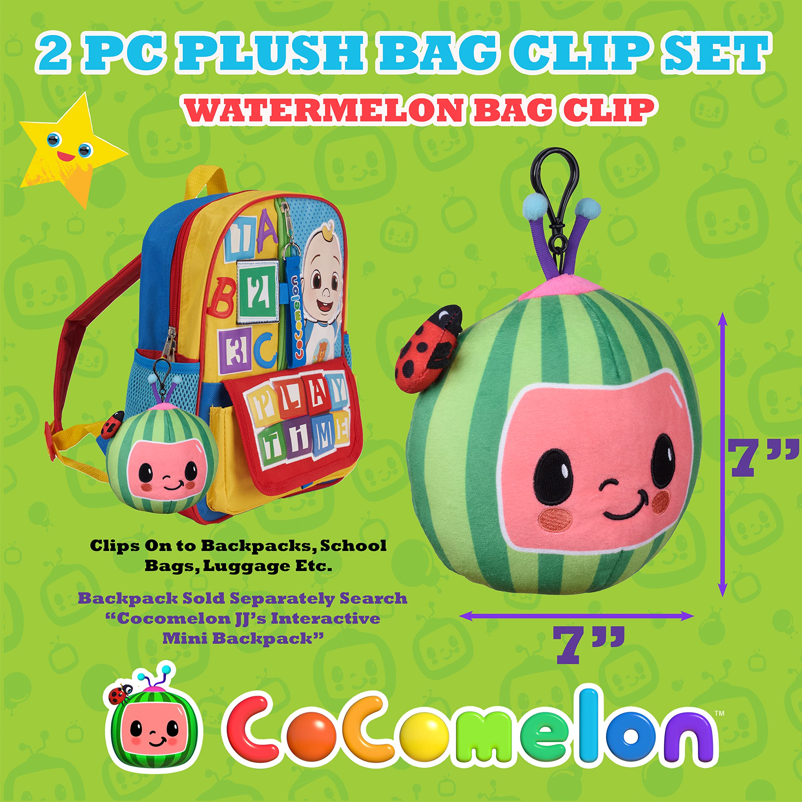 Cocomelon JJ & Watermelon Plush Bag Clip Set - Perfect Toys for Preschoolers and Toddlers