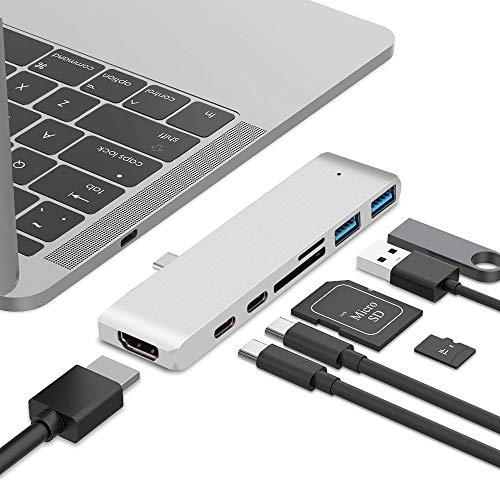 7 in 1 Dongle USB C Hub Adapter with 4K HDMI USB 3.0 Ports Type C SD Card Readers for Laptops Fast Charging (Silver)