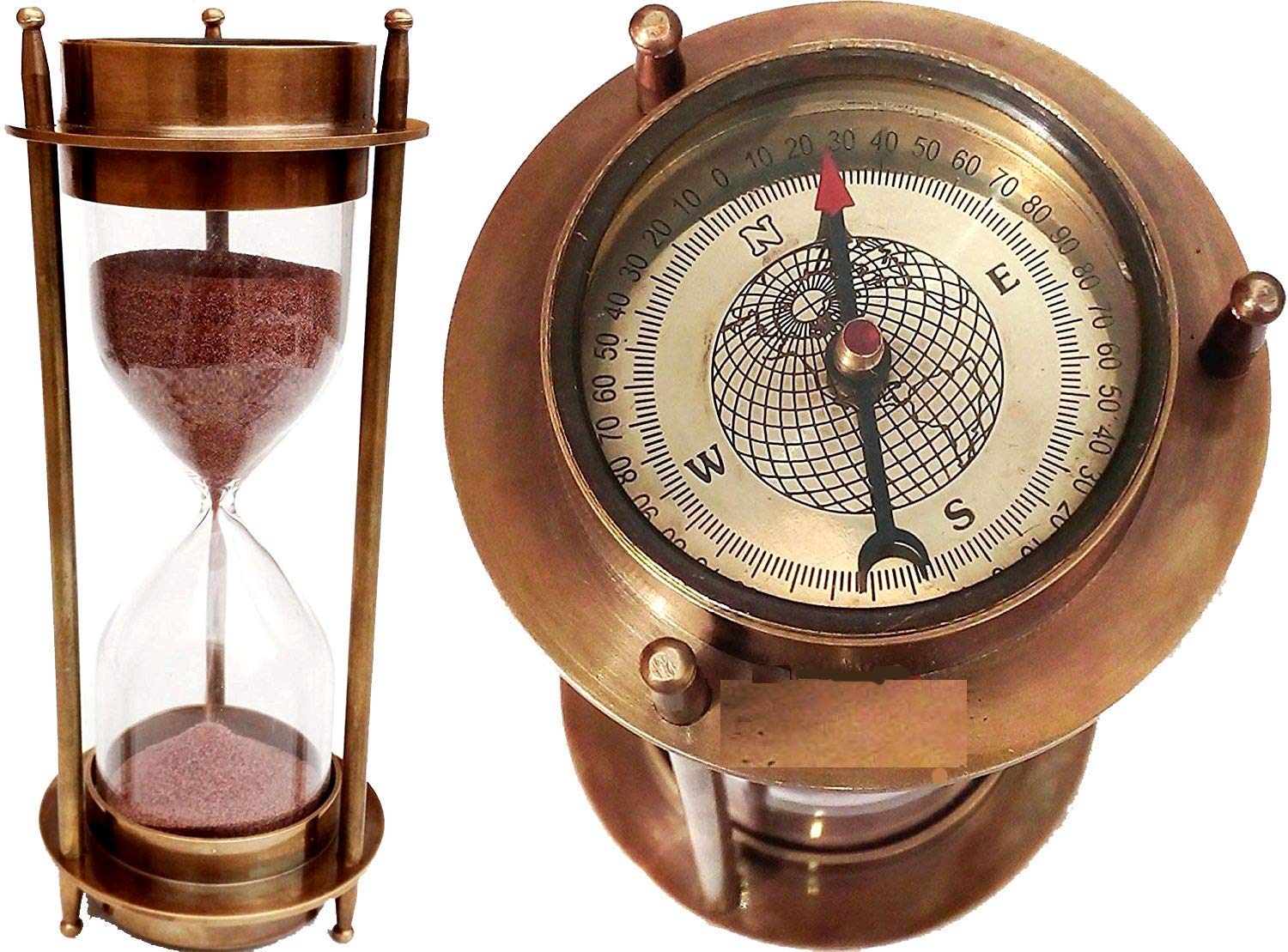 7" Nautical Brass Sand Timer Hourglass with Maritime Brass Compass Table Decorative Rustic Vintage Home Decor Gifts