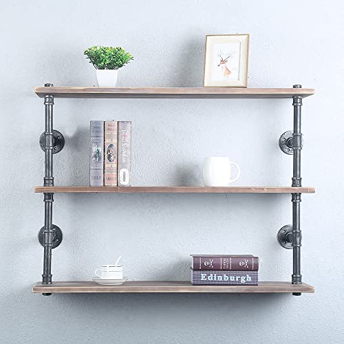 JIANZHUO Industrial Pipe Shelf Real Wood Floating Shelves,Rustic 3 Tier Wall Shelf Bar Pipe Shelving,Steampunk Pipe Shelves Wall Mounted,Metal Bookshelf Kitchen Wall Shelves(36in)