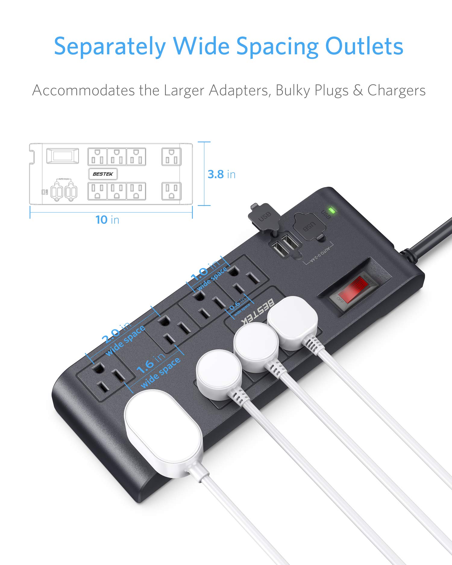 BESTEK 8-Outlet 6 Feet Extension Cord Power Strip with USB 15A 1875W Surge Protector with 5V 4.2A 4 USB Port Desktop Charging Station,600Joule,Grey