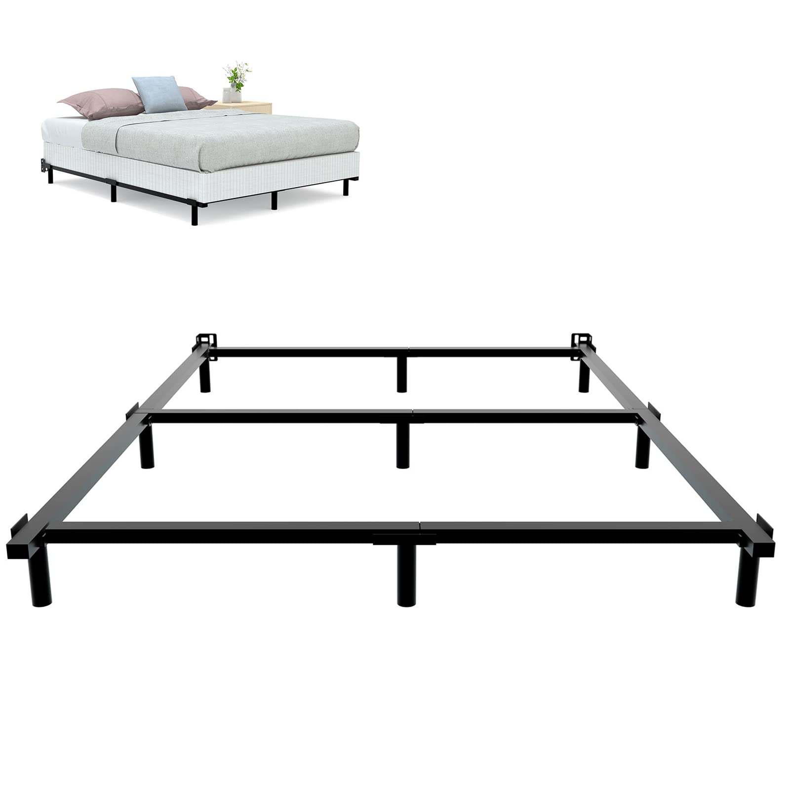 7 Inch Full Size Metal Bed Frame for Box Spring and Mattress, 9-Leg Support Box Spring Base, Easy Assembly Tool-Free Heavy Duty Bedframe Black