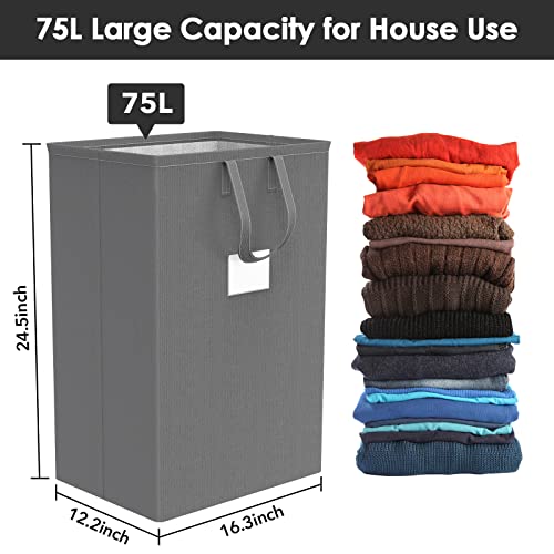 75L Large Laundry Hamper with Handles, Dirty Clothes Hamper for Bedroom Waterproof, Freestanding Tall Laundry Basket Waterproof, Hamper for Bedroom, Bathroom, Dorm, Toys Storage(Grey)