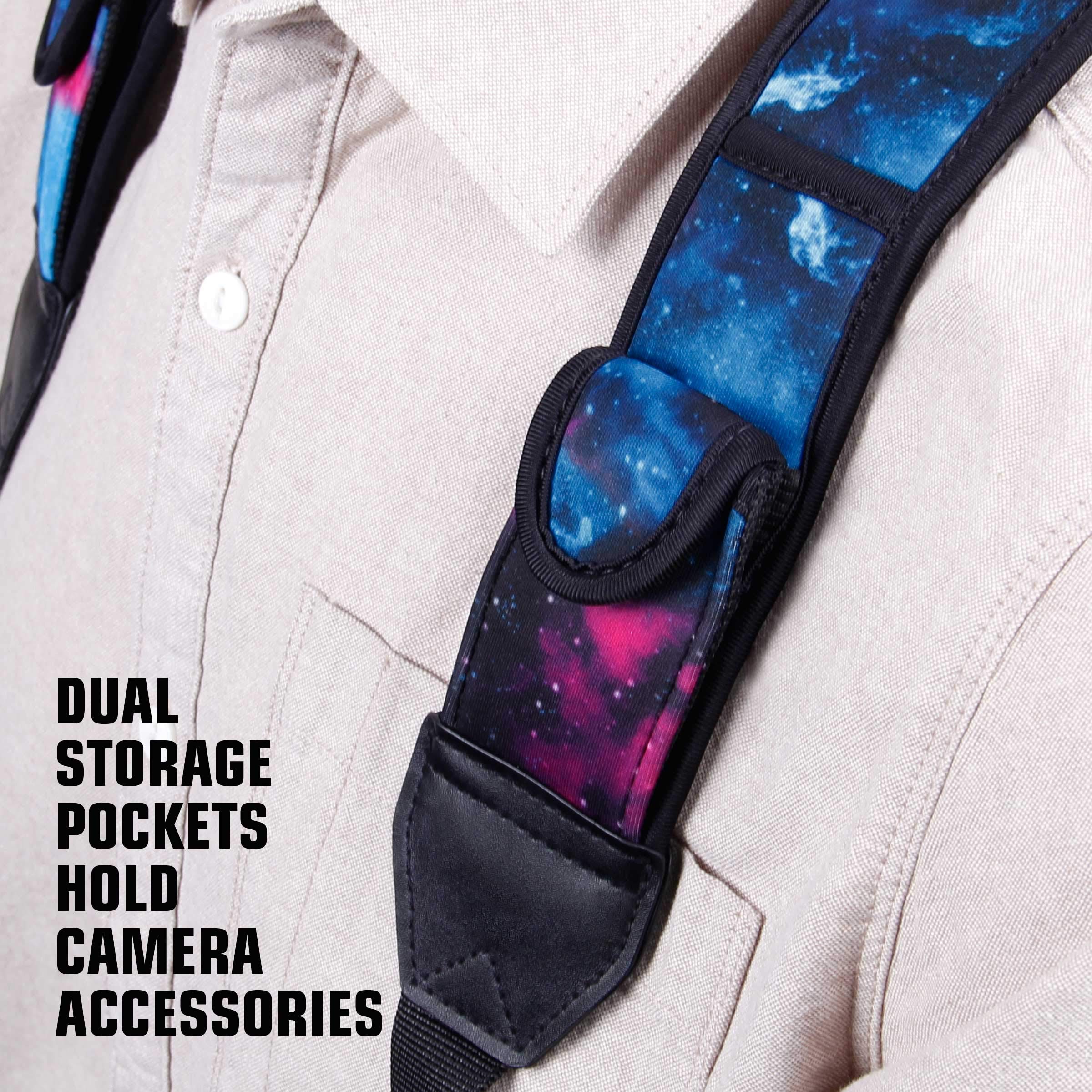 USA Gear DSLR Camera Strap Chest Harness with Quick Release Buckles, Galaxy Neoprene Pattern and Accessory Pockets - Compatible with Canon, Nikon, Sony and More Point and Shoot and Mirrorless Cameras