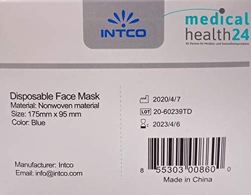 Intco Medical Procedure Face Mask with Earloops, Blue, Box of 50