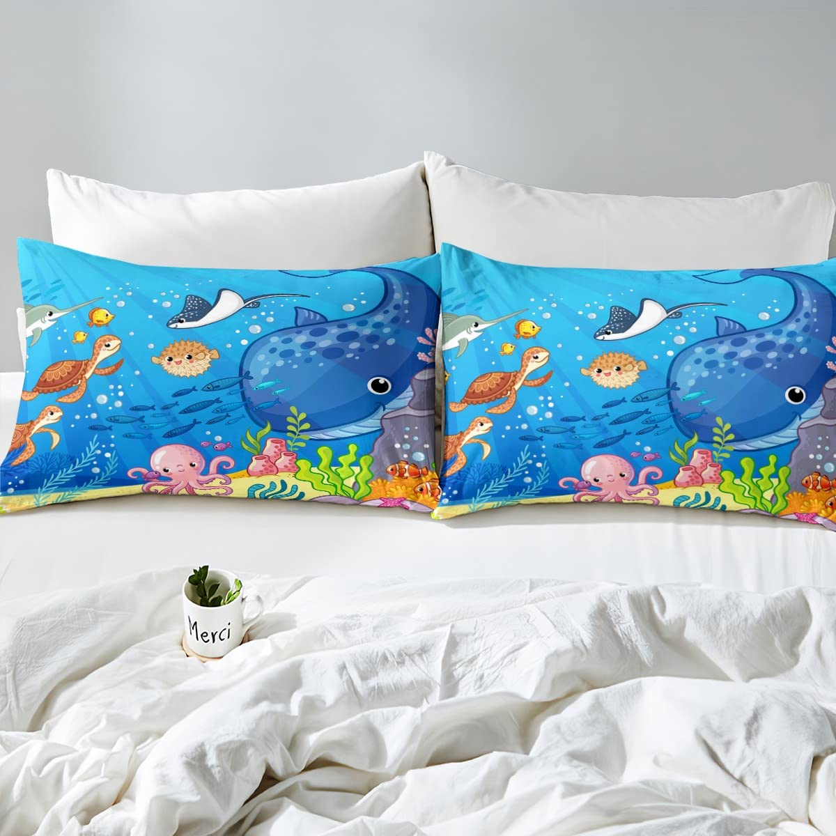 Marine Animals Comforter Set Twin,Shark Octopus Turtle Coral Bedding Set,Underwater World Cartoon Quilt Set 2Pcs for Kids Teens Adults Room Decor,Sea Blue Duvet Insert with 1 Pillowcase