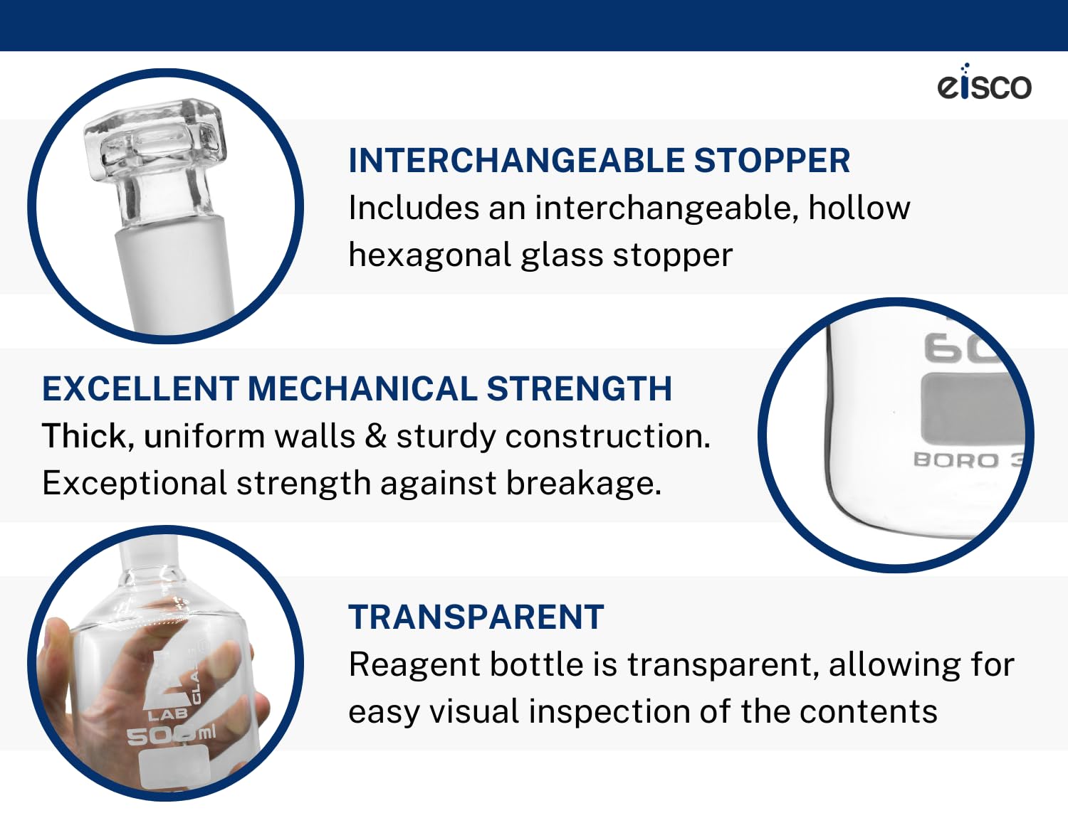 EISCO Reagent Bottle, Borosilicate Glass, Narrow Mouth with Interchangeable Hexagonal hollow glass Stopper - 1000ml Labs