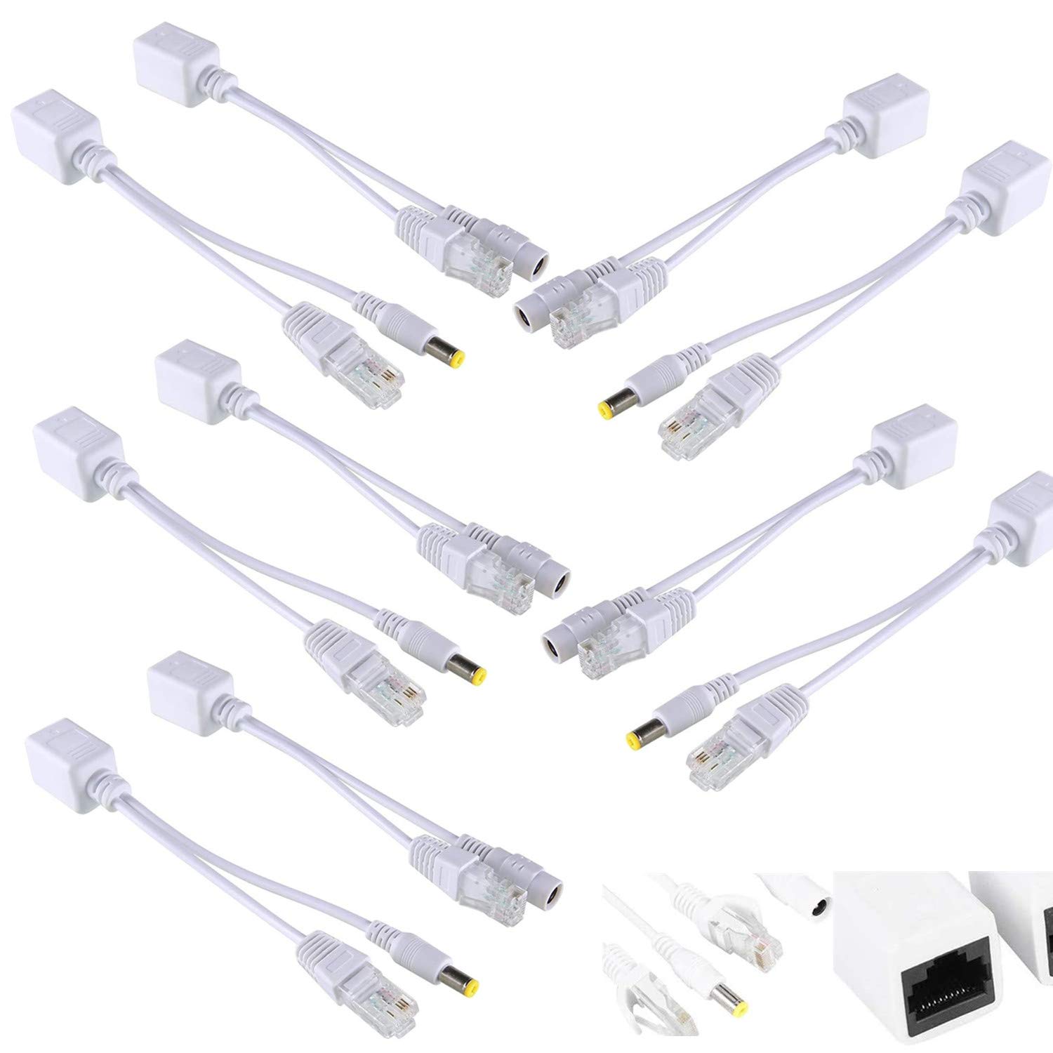 OdiySurveil 5Pairs Passive PoE Injector and Splitter Kits with 5.5x2.1mm DC Connector RJ45 Power Over Ethernet (White)
