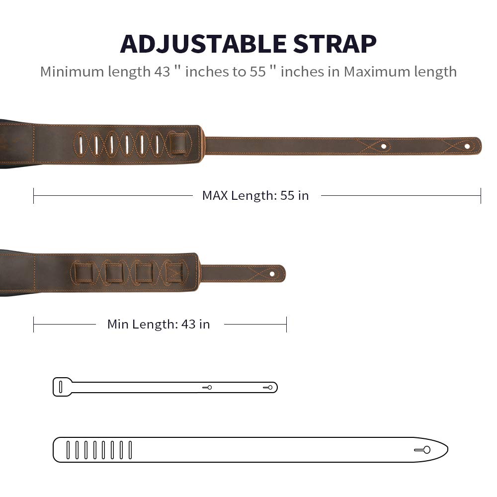 BestSounds Guitar Strap Leather 3 Inch Wide Full Grain Padded Soft Leather Strap for Acoustic, Electric and Bass Guitars (Whiskey Brown)