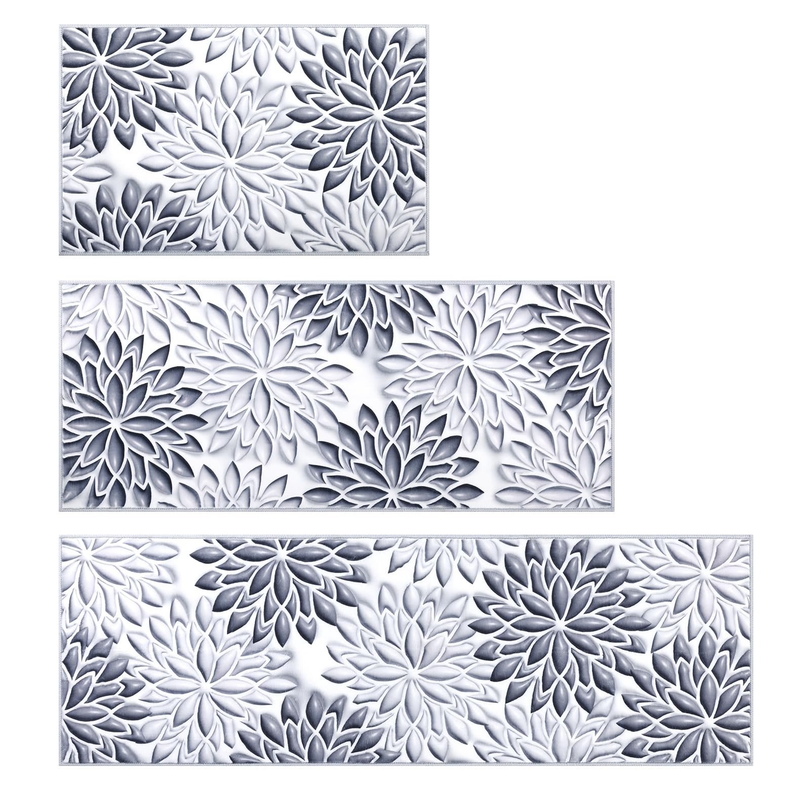 Vaukki Floral Kitchen Rug Sets 3 Pieces, Washable Kitchen Mats for Floor, Non Slip Soft Kitchen Area Rug Floor Mat for Kitchen, Laundry Room and Hallway (Grey, 20''x32''+20''x47''+20''x59'')