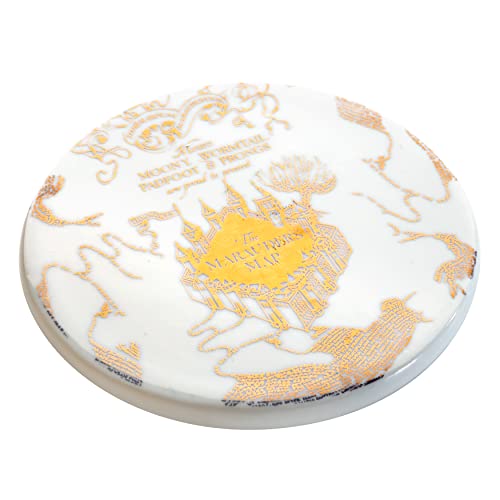 Harry Potter Coasters, Set of 4 Marauders Map Ceramic Coaster Set – Protect Tables from Drink Cups and Glasses – Perfect Harry Potter Gifts for Women and Men – White with Gold Plated Design