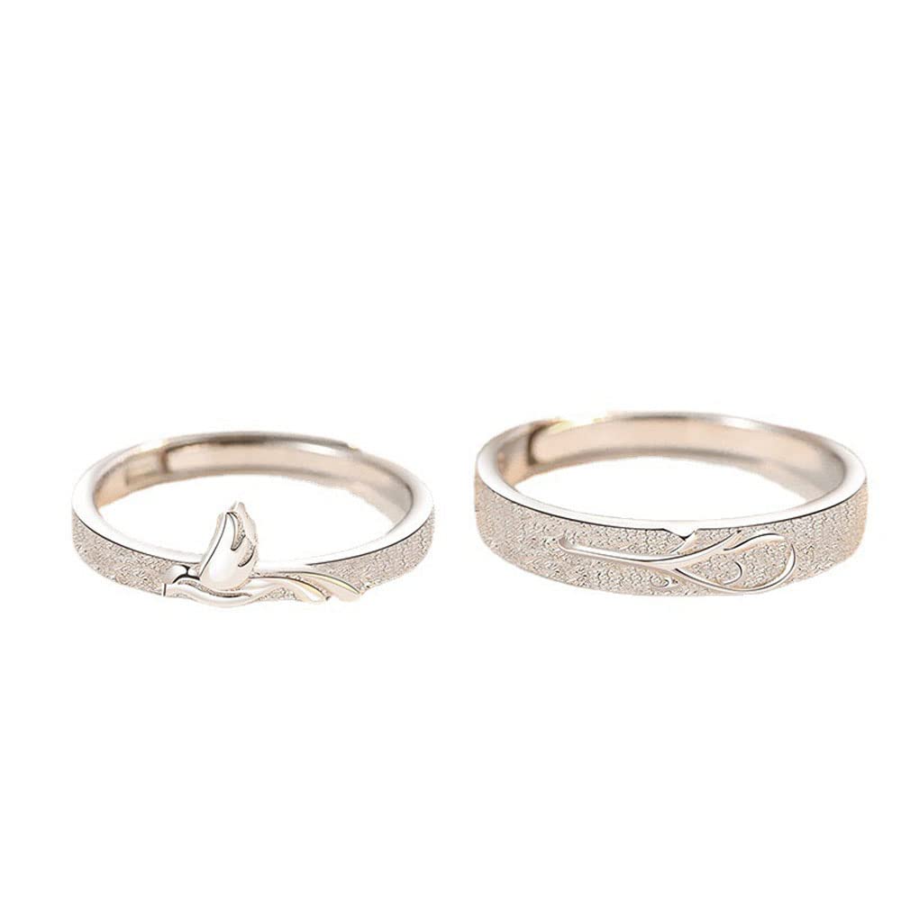 2PCS Adjustable Rings Couples Promise Engagement Rings for Him and Her Couples You Rings (Tree And Bird), Silver