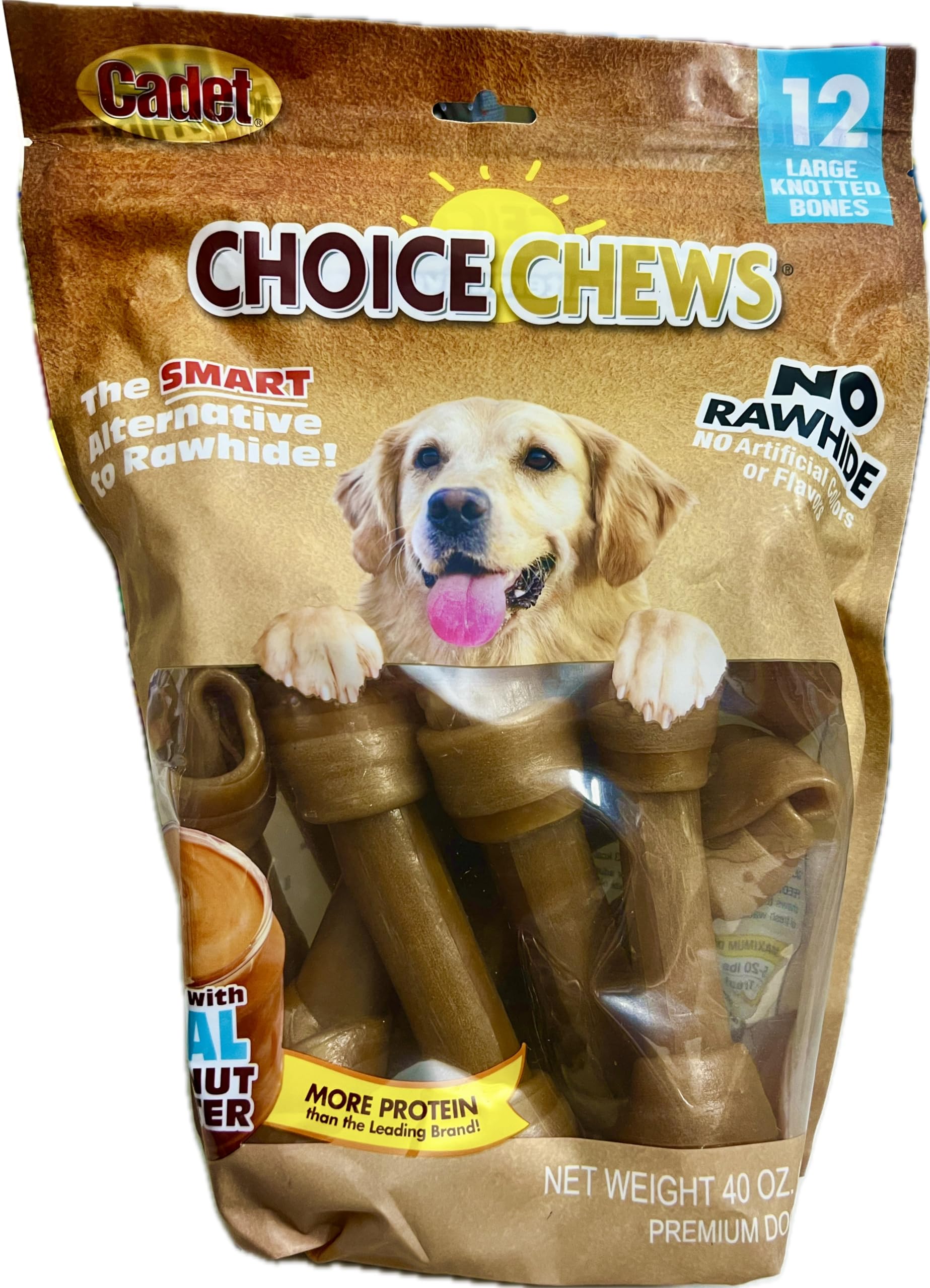 XALEZ Cadet Choice Chews with 12 Large Knotted Bones - Made with Real Peanut Butter - 1 Bag- 40 OZ TM Gift Box