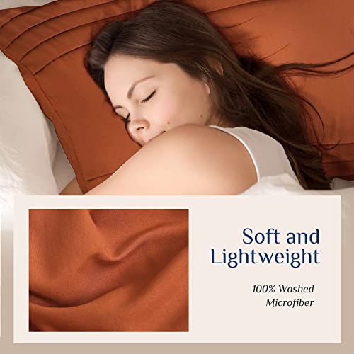Argstar 3 Pieces Pleated Duvet Cover King, Burnt Orange Boho Textured Duvet Cover, 100% Washed Microfiber Soft Striped Comforter Cover with Zipper & Ties (1 Rust Duvet Cover, 2 Pillowcases)