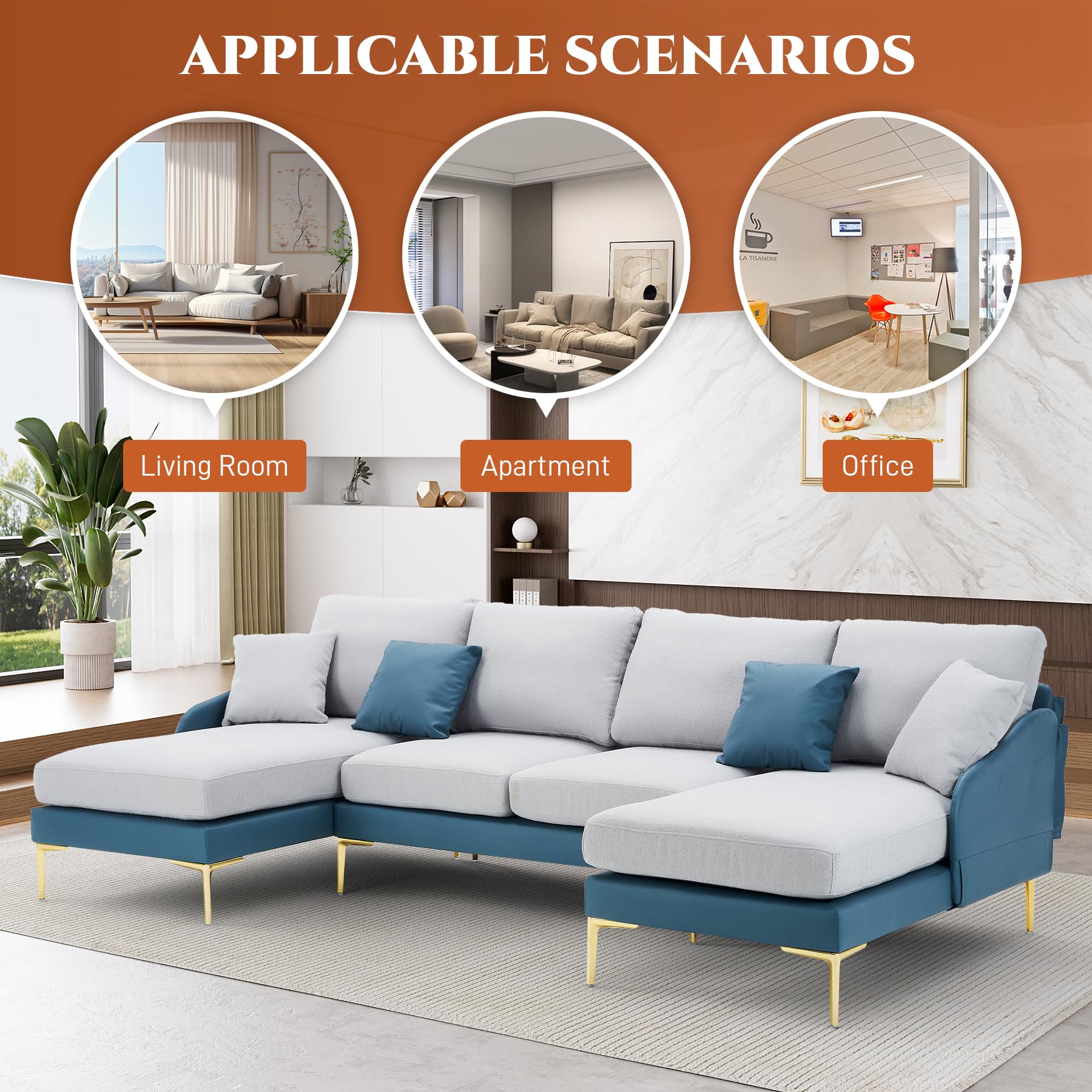 OUYESSIR U Shaped Sectional Sofa Couch, 4 Seat Sofa Set with Double Chaise, 108.5" U-Shaped Modern Fabric Sofa Sleeper with 4 Throw Pillows for Living Room, Blue