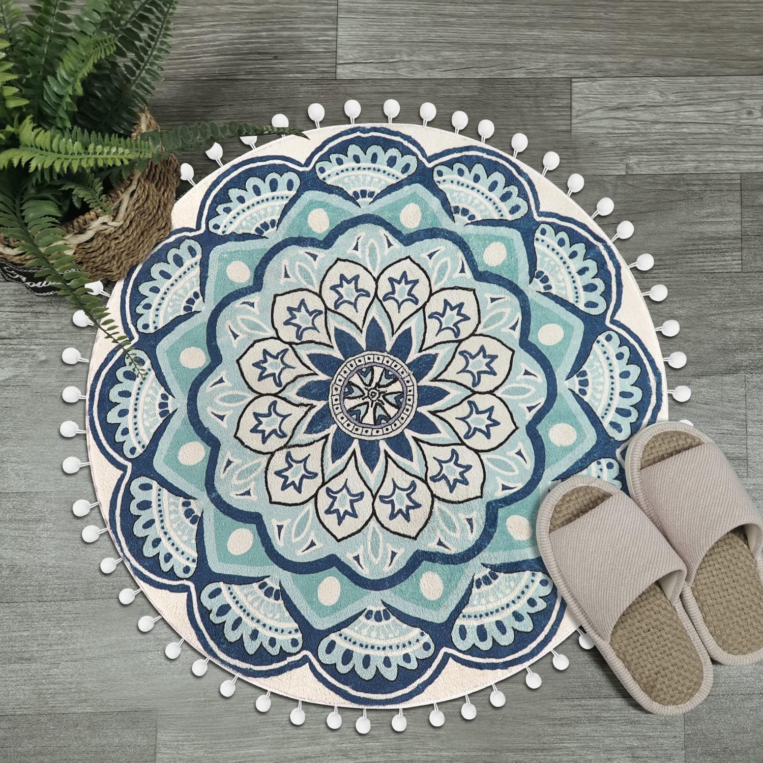 Uphome Small Round Rug 2.3ft Blue Boho Bathroom Rugs with Pom Pom Fringe Non-Slip Washable Mandala Circle Bath Mat Soft Cute Bohemian Throw Rug for Bedroom Sink Dorm Powder Room