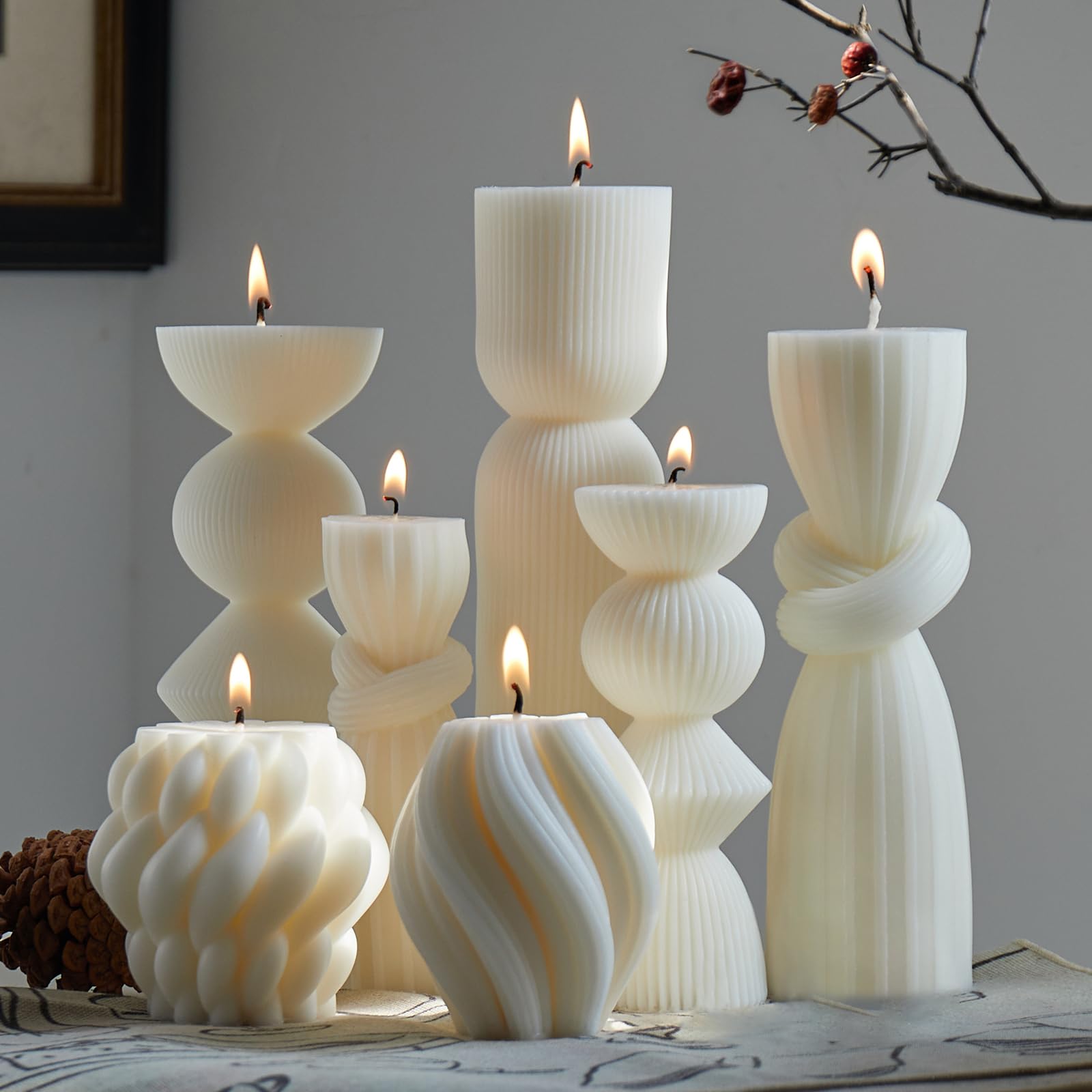 7 Pcs Large Modern Ribbed Candles Beautiful Handmade Pillar Housewarming Gift Home Room Shelf Decor Idea Spiral Soy Wax Candle White
