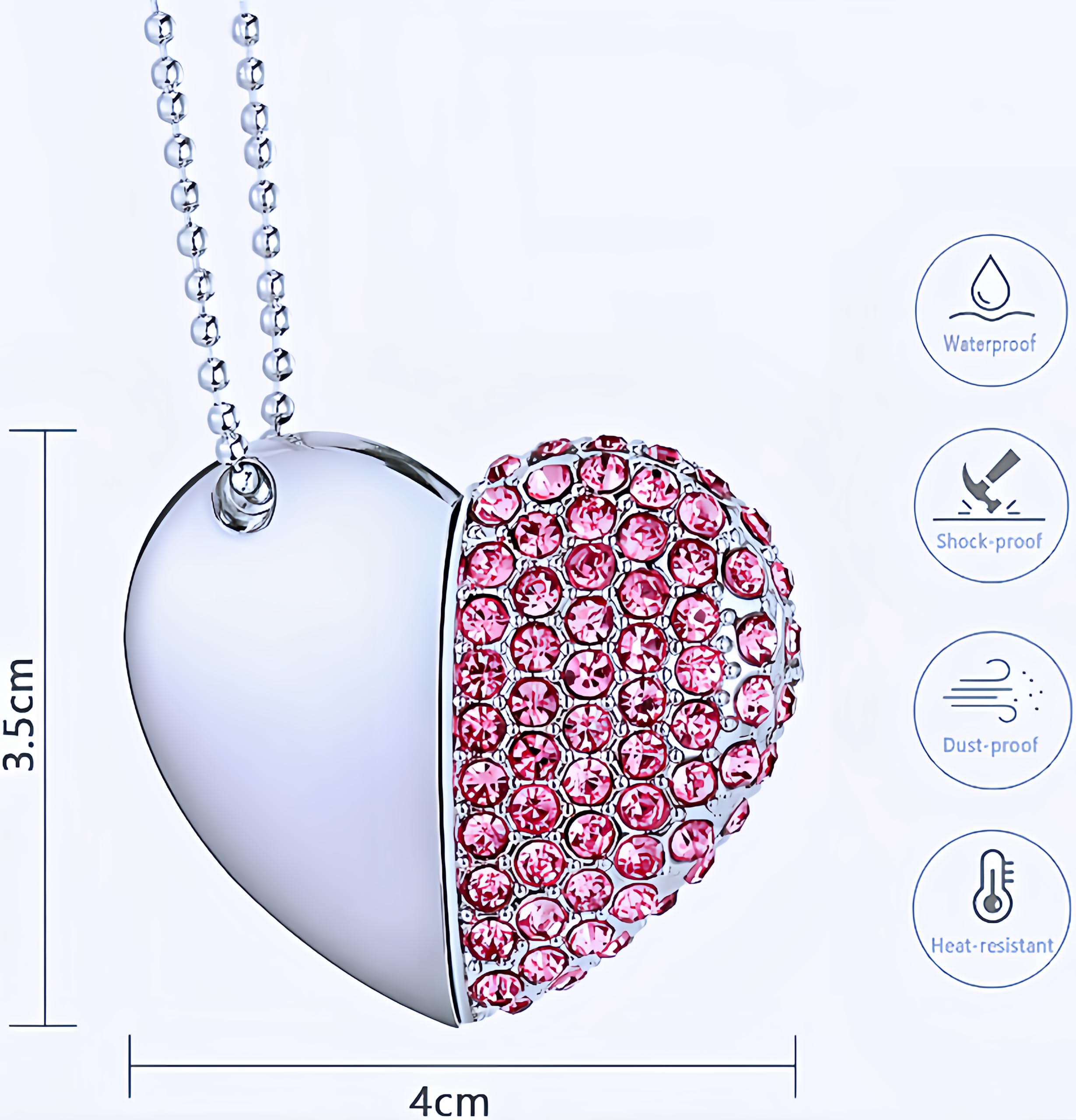 EcooDisk 64GB USB 3.0 Flash Drive Diamond Heart with Necklace Memory Stick High Speed Data Storage Pink