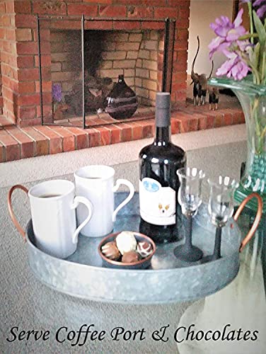 Galrose Rustic Galvanized Metal Serving Tray – Rose Gold Handles for Drinks Bar Table Centerpiece Sturdy Oval Decorative Serving Tray Platter. 6th Iron Anniversary Housewarming or Retirement Gift
