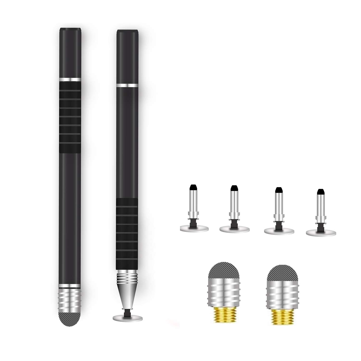 Stylus Pens for Touch Screens-Fine Point-Universal-High Precision, 2 Pieces with 6 Replacement Tips, Compatible for All Capacitive Touch Screens (Black + Black)