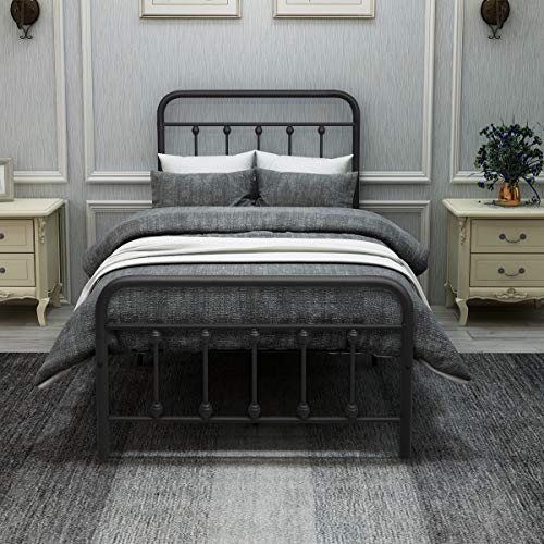 DUMEE Metal Twin Bed Frame with Vintage Headboard and Footboard Sturdy Premium Steel Slat Support No Box Spring Needed, Textured Black
