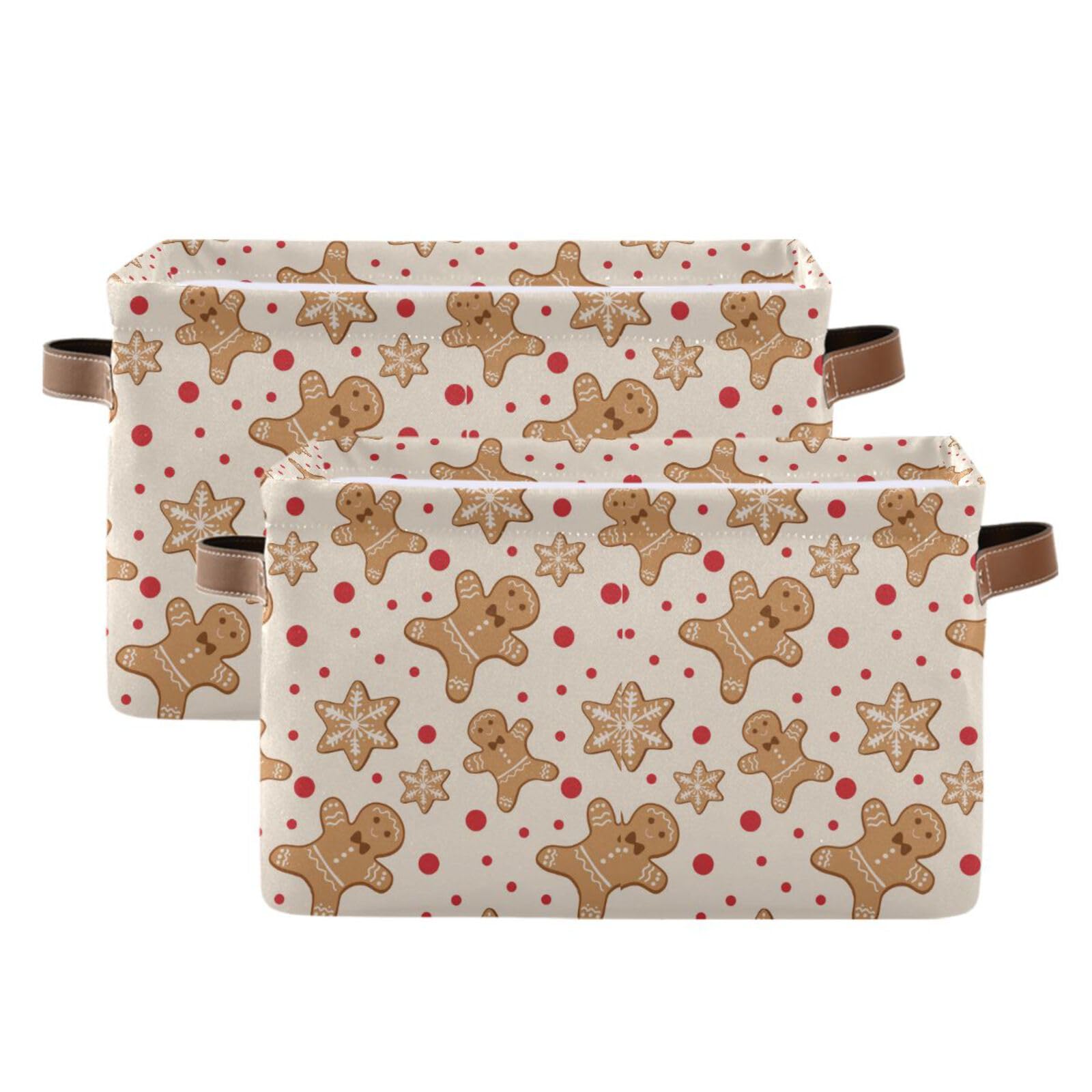 Flradish 2PCS Christmas Gingerbread Large Collapsible Storage Bins,Canvas Fabric Foldable Storage Bins with Handles Open Home Storage Bins Boxes Toy Storage Basket